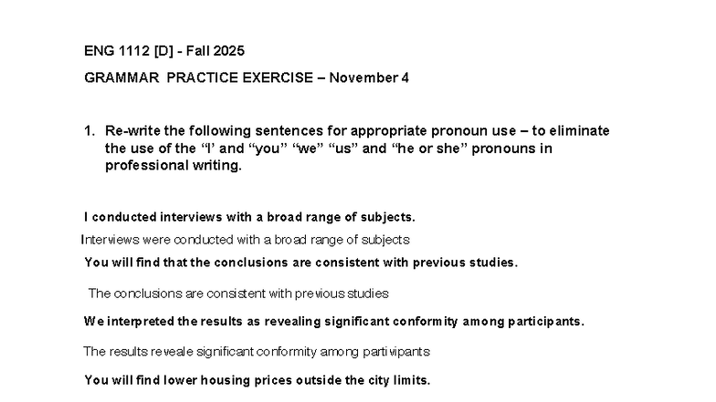 ENG Fall 2025 GRAMMAR PRACTICE EXERCISE - Pronoun Usage - Studocu