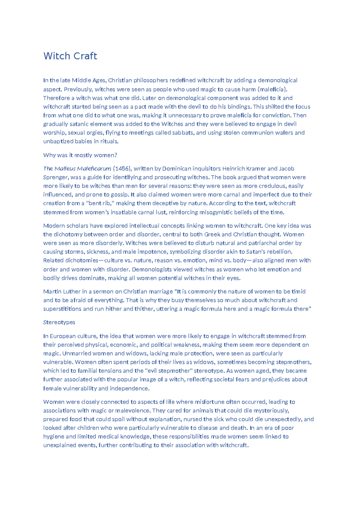 Witchcraft and Women in the Late Middle Ages: A Study (HIST 201) - Studocu