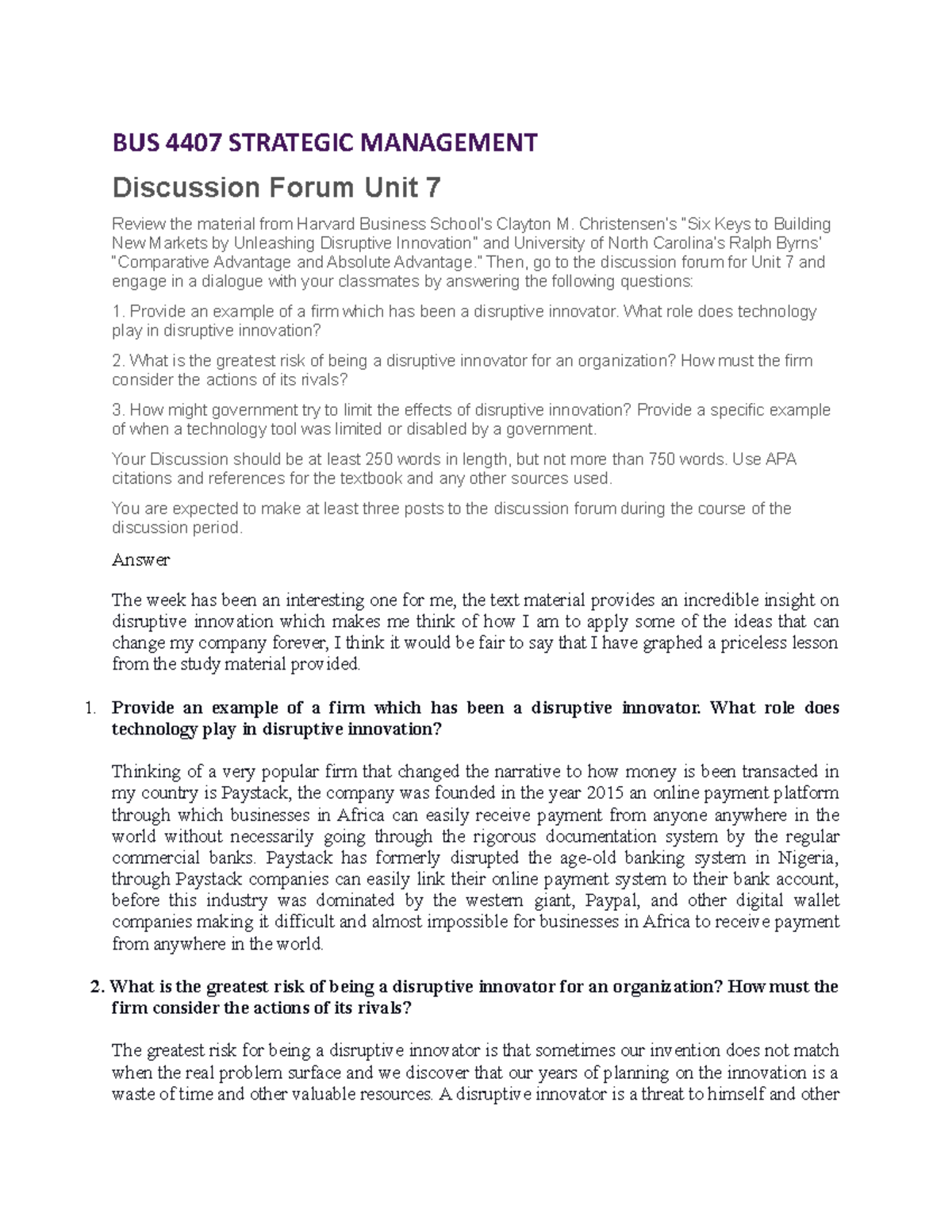BUS 4407 Strategic Management Discussion Forum Insights - Unit 7 Term 4 ...
