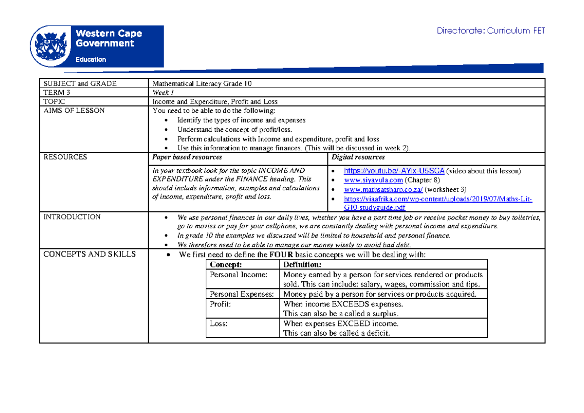 Mathematical Literacy G10 Term 3 Week 1: Income & Expenditure Insights ...