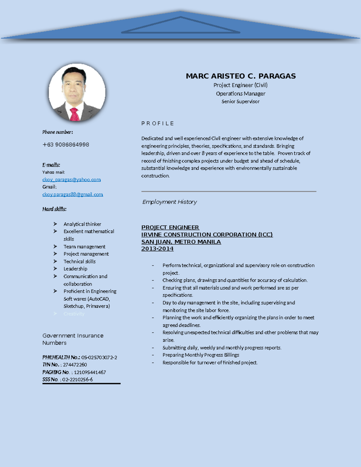MARC ARISTEO C. PARAGAS CV Review for Project Engineer Position - Studocu