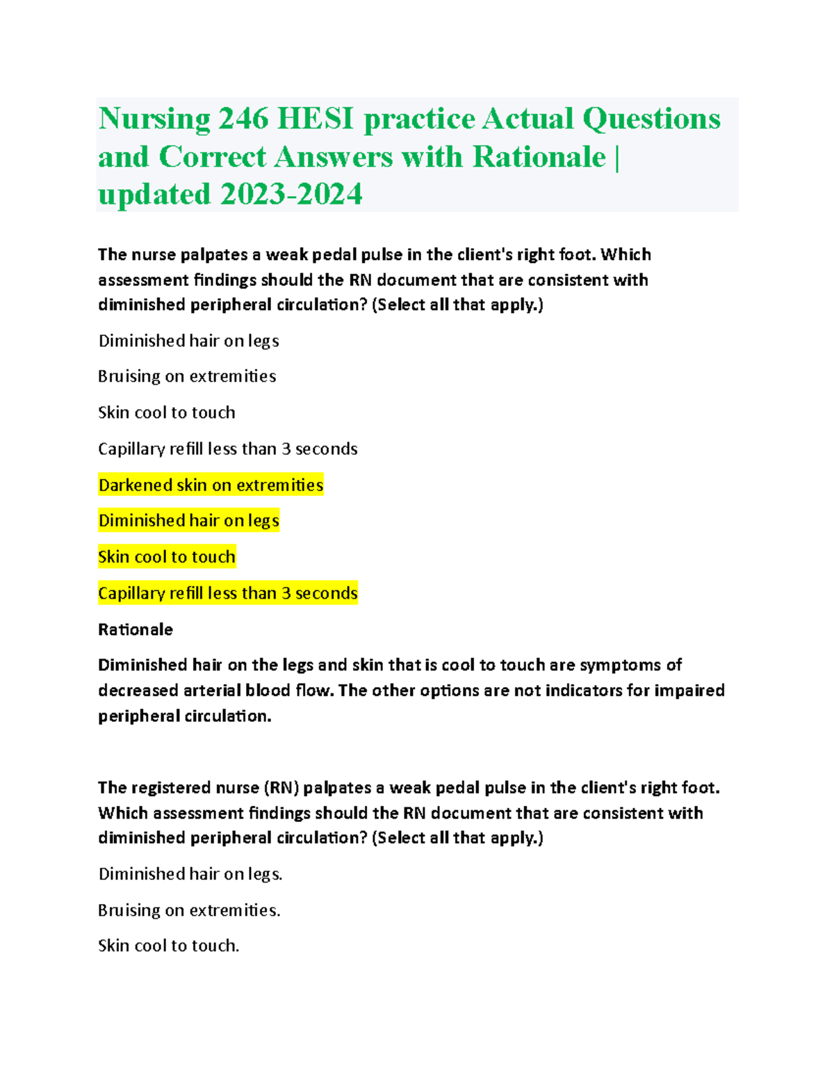 Nursing 246 HESI Practice: Detailed Q&A with Rationales for 2023-2024 ...