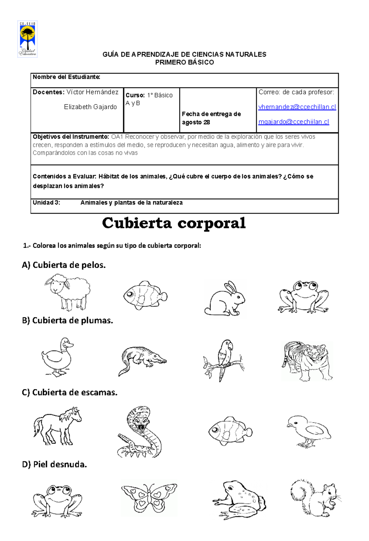 Guía de Cubierta Corporal de Animales - 1° Básico Ciencias Naturales ...