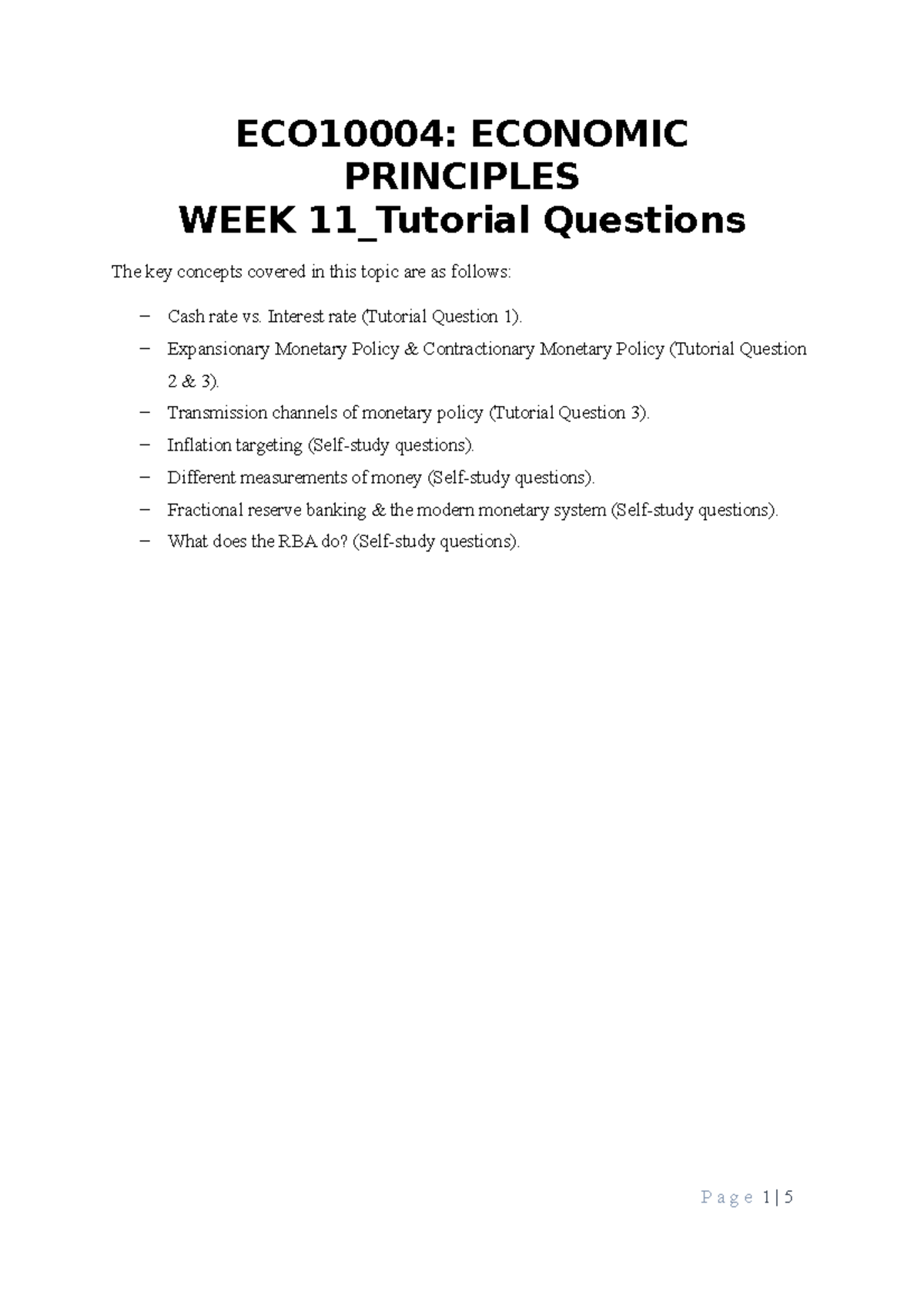 Week 11 Tutorial Questions Answered - ECO10004: ECONOMIC PRINCIPLES ...