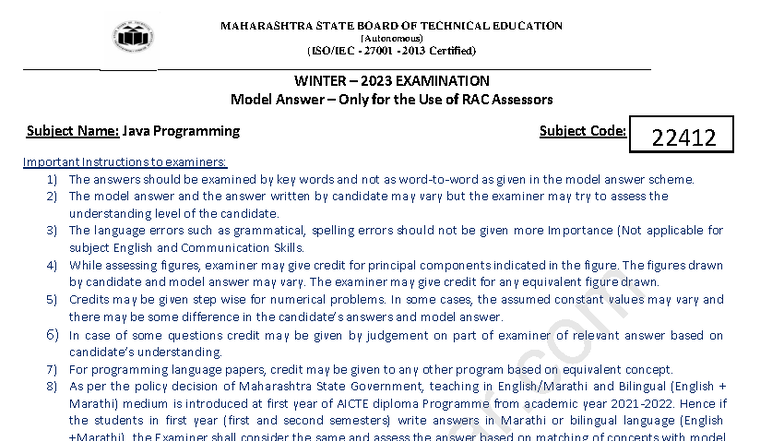 W23 JPR Model Answers for Java Programming (22412) Exam - Studocu