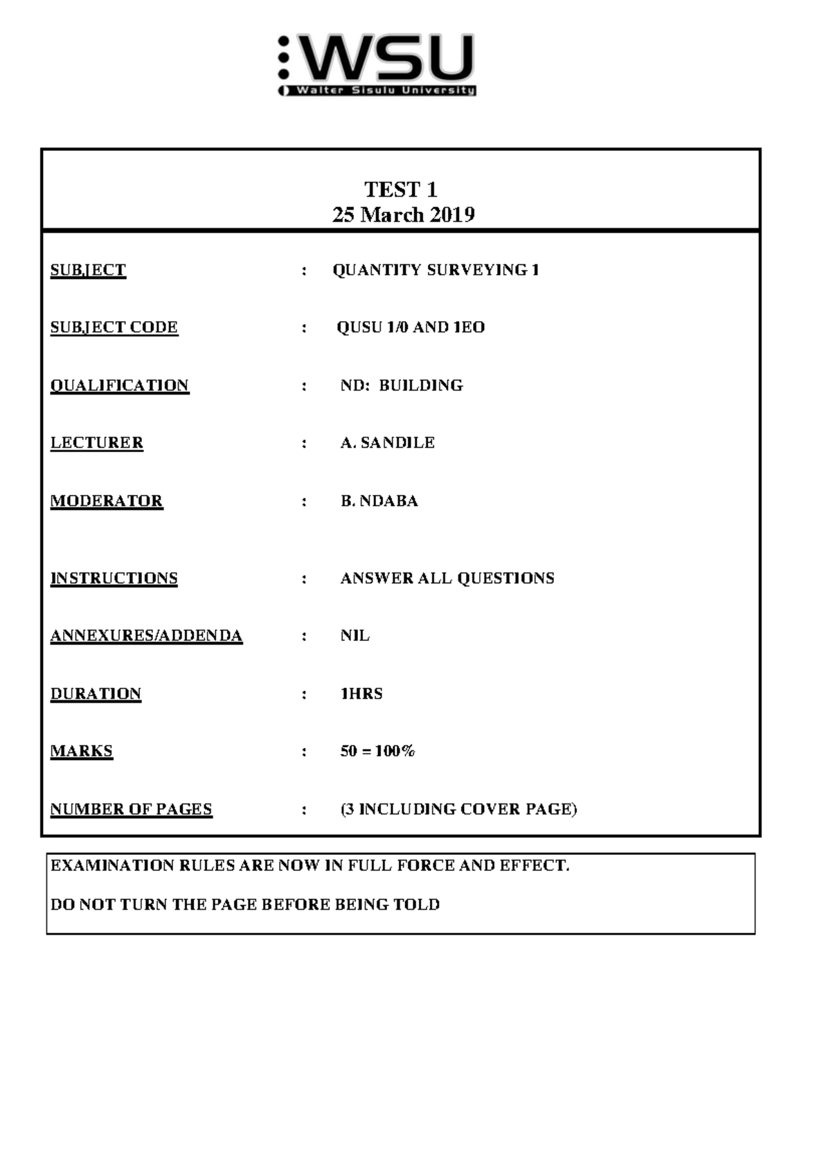 QUSU 1 TEST 1 - Quantity Surveying Practice Exam Questions - Studocu