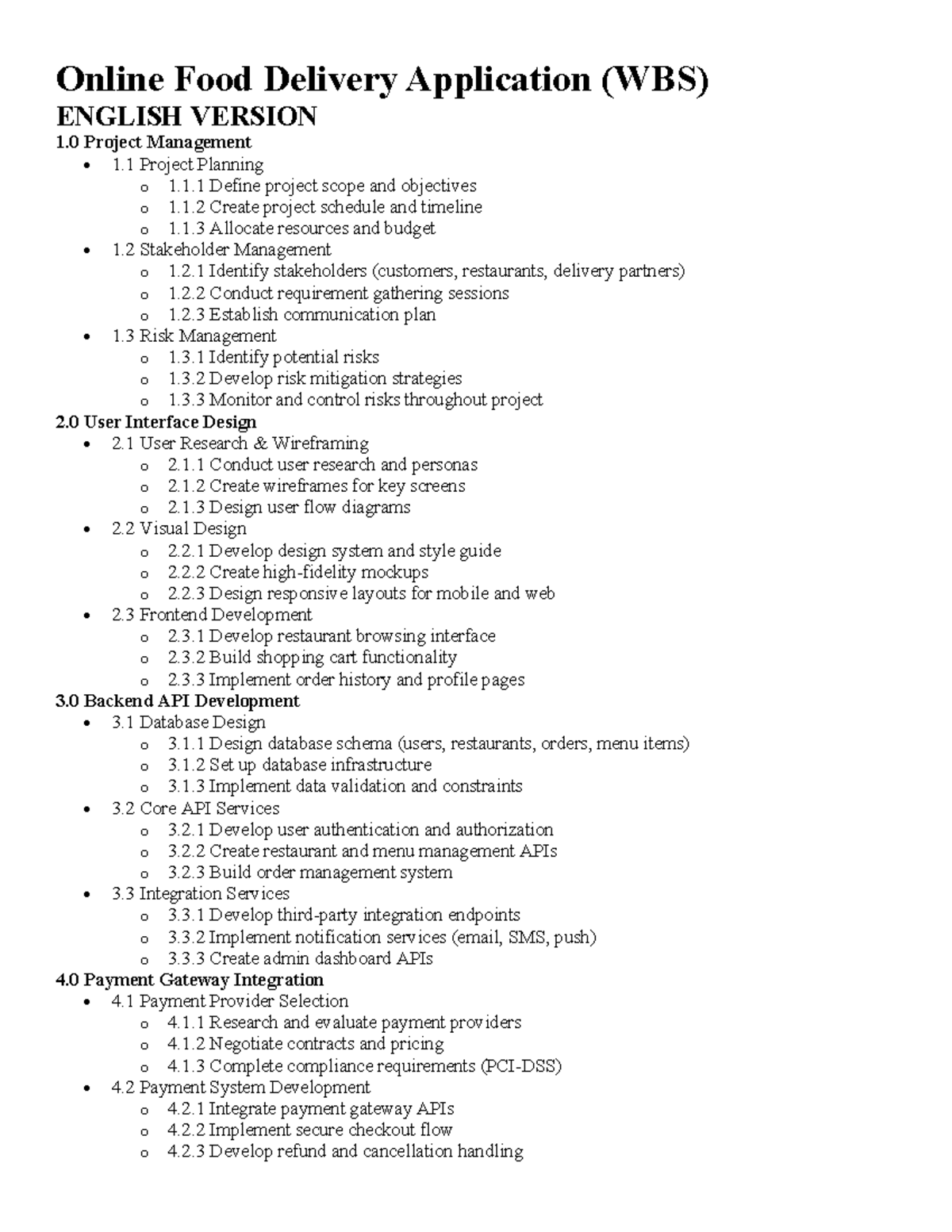Online Food Delivery App Project Management WBS - Studocu
