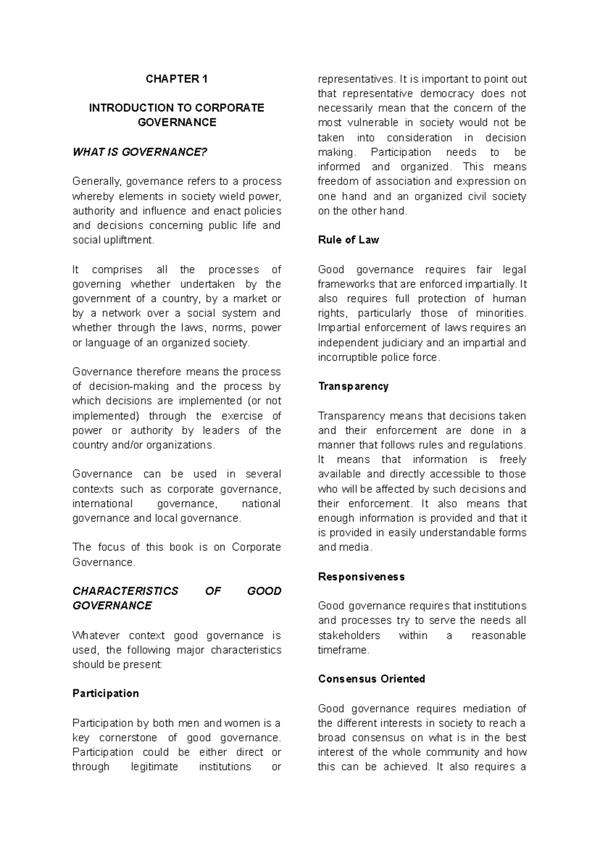 Corporate Governance - Lecture Notes: Key Concepts and Principles - Studocu