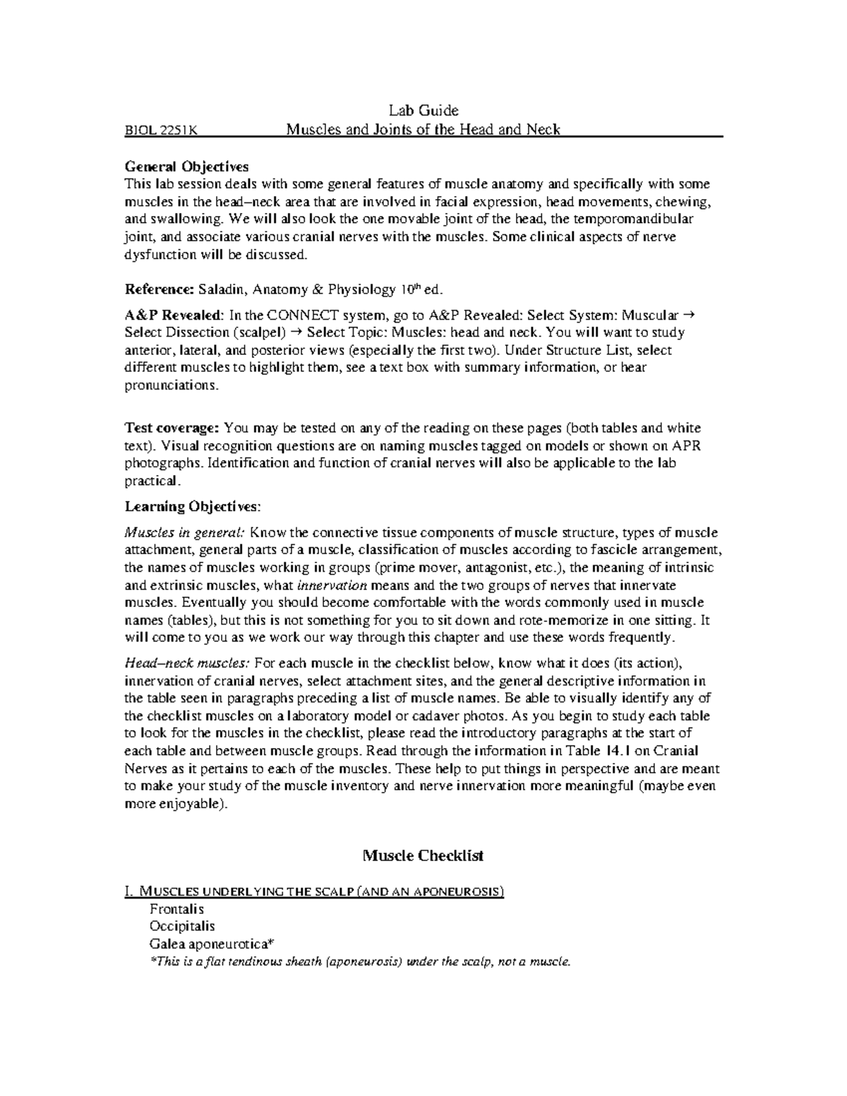 BIOL 2251K Lab Guide: Anatomy of Head & Neck Muscles and Joints - Studocu