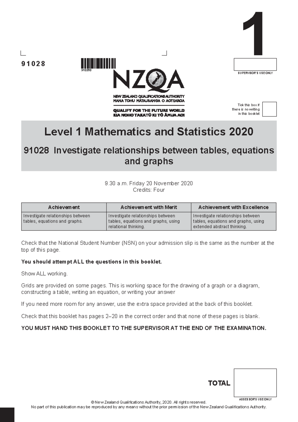 Level 1 Mathematics and Statistics (91028) 2020 Exam Paper - Studocu
