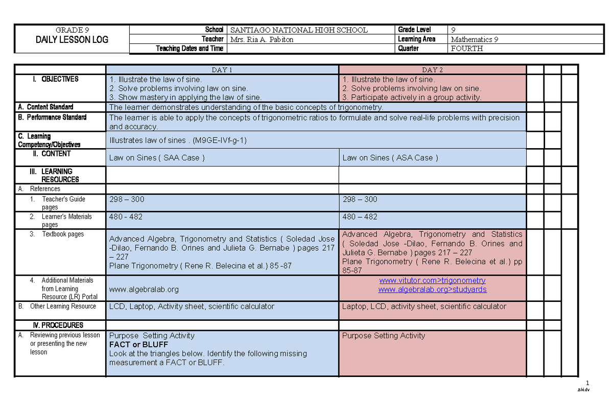 Daily Lesson Log Laws of Sines - GRADE 9 DAILY LESSON LOG School ...
