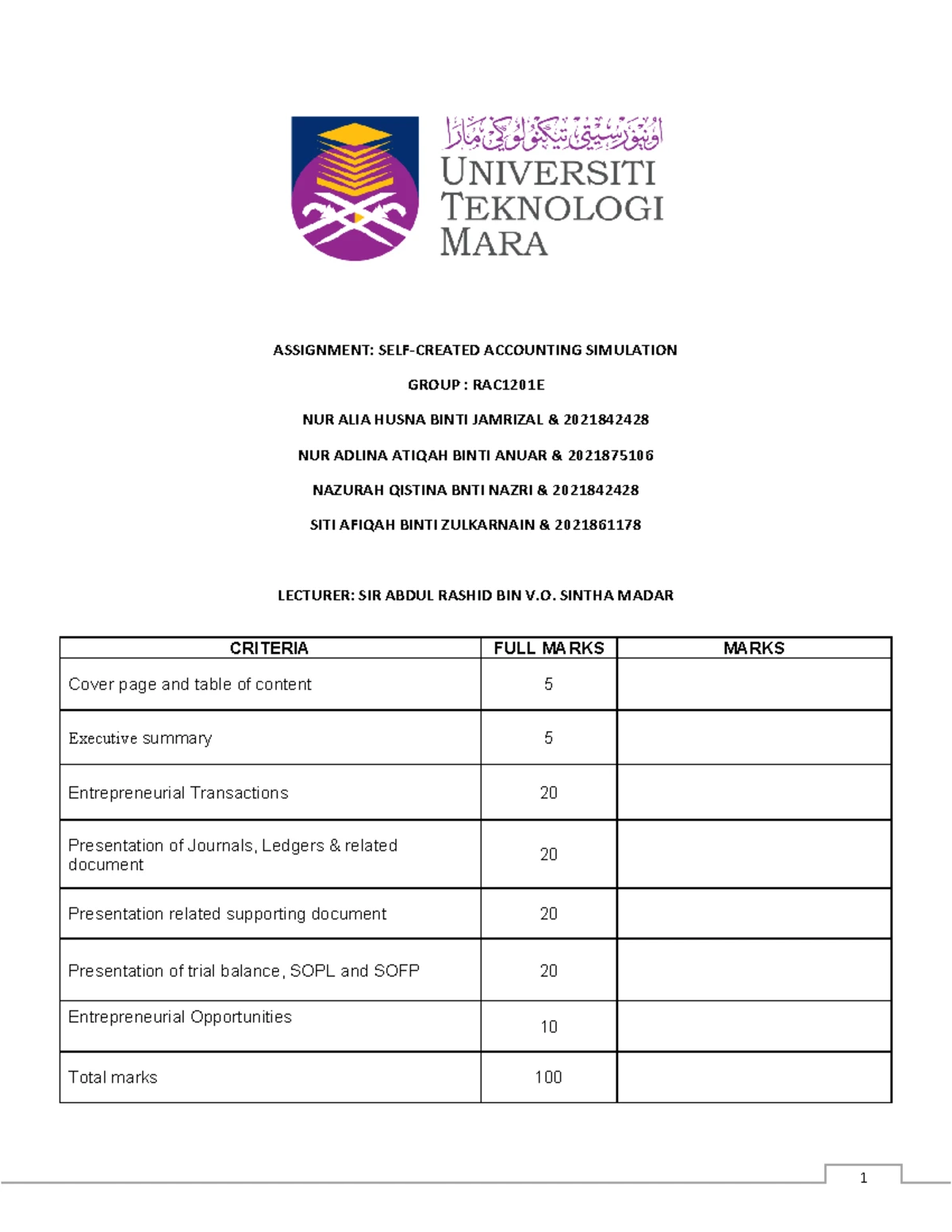 FAR110 Group Assignment - UNIVERSITI TEKNOLOGI MARA CAWANGAN PERAK, KAMPUS TAPAH COURSE CODE ...