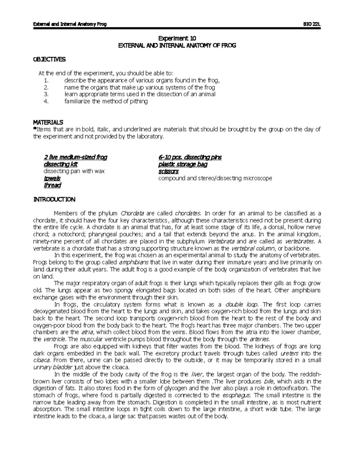 Experiment 10: External & Internal Anatomy of Frog (Bio 101 Lab) - Studocu