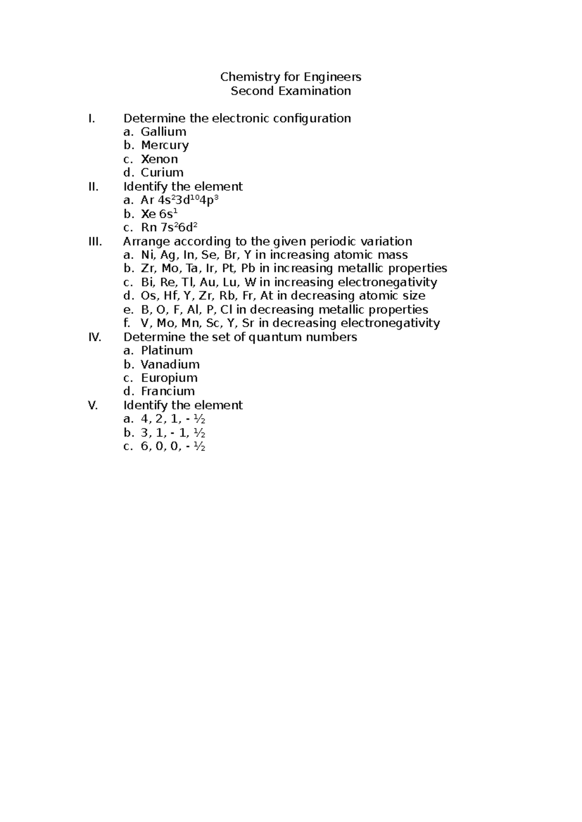 Chem 102 Final Exam 2 Review: Electronic Configurations & Elements ...