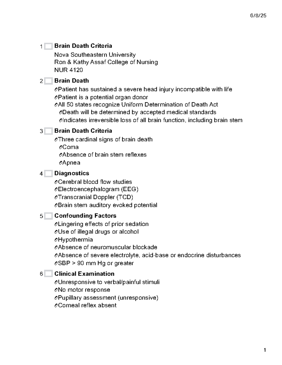 Brain Death Criteria Overview for NUR 4120 Final Exam - Studocu