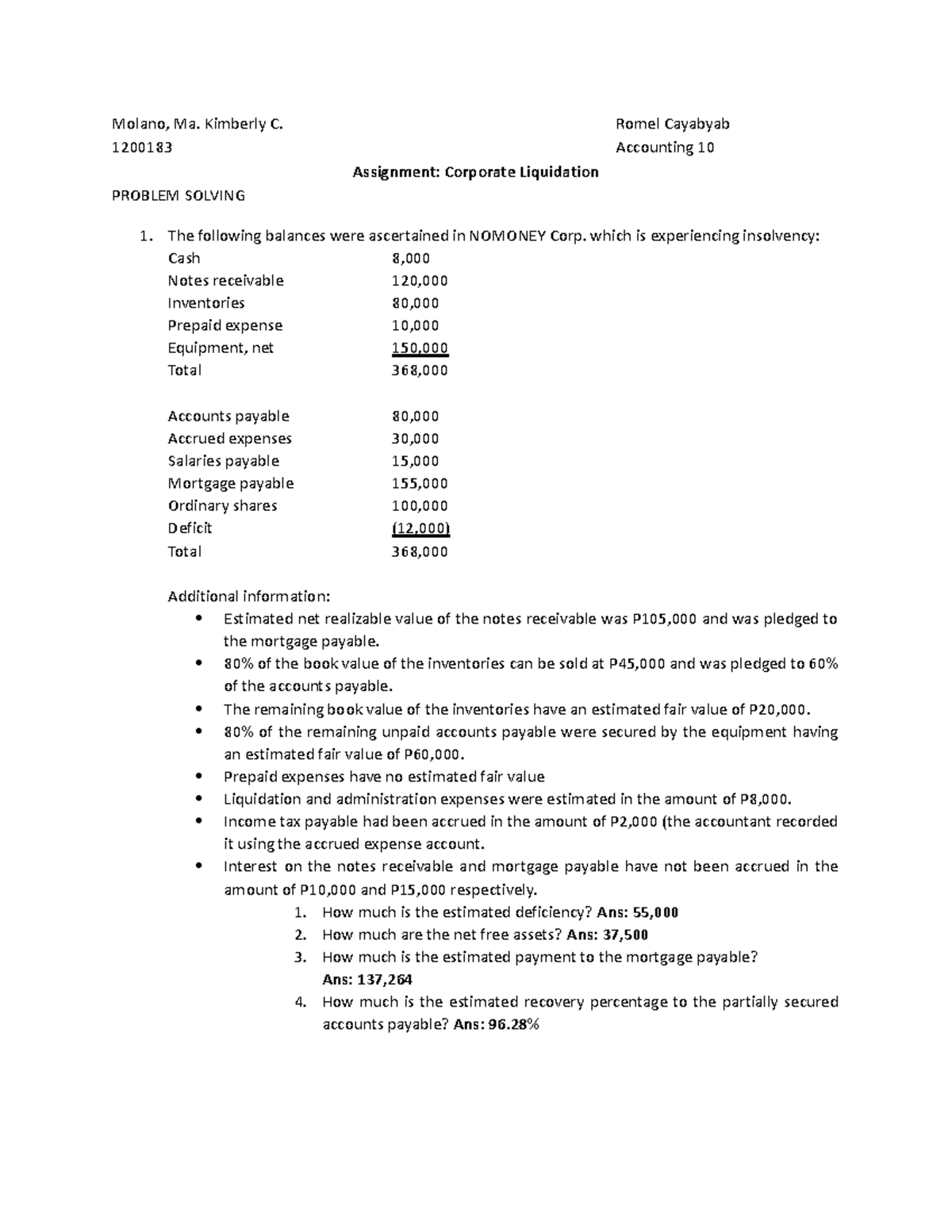 Corporate Liquidation Assignment 1: Analysis & Problem Solving - Studocu