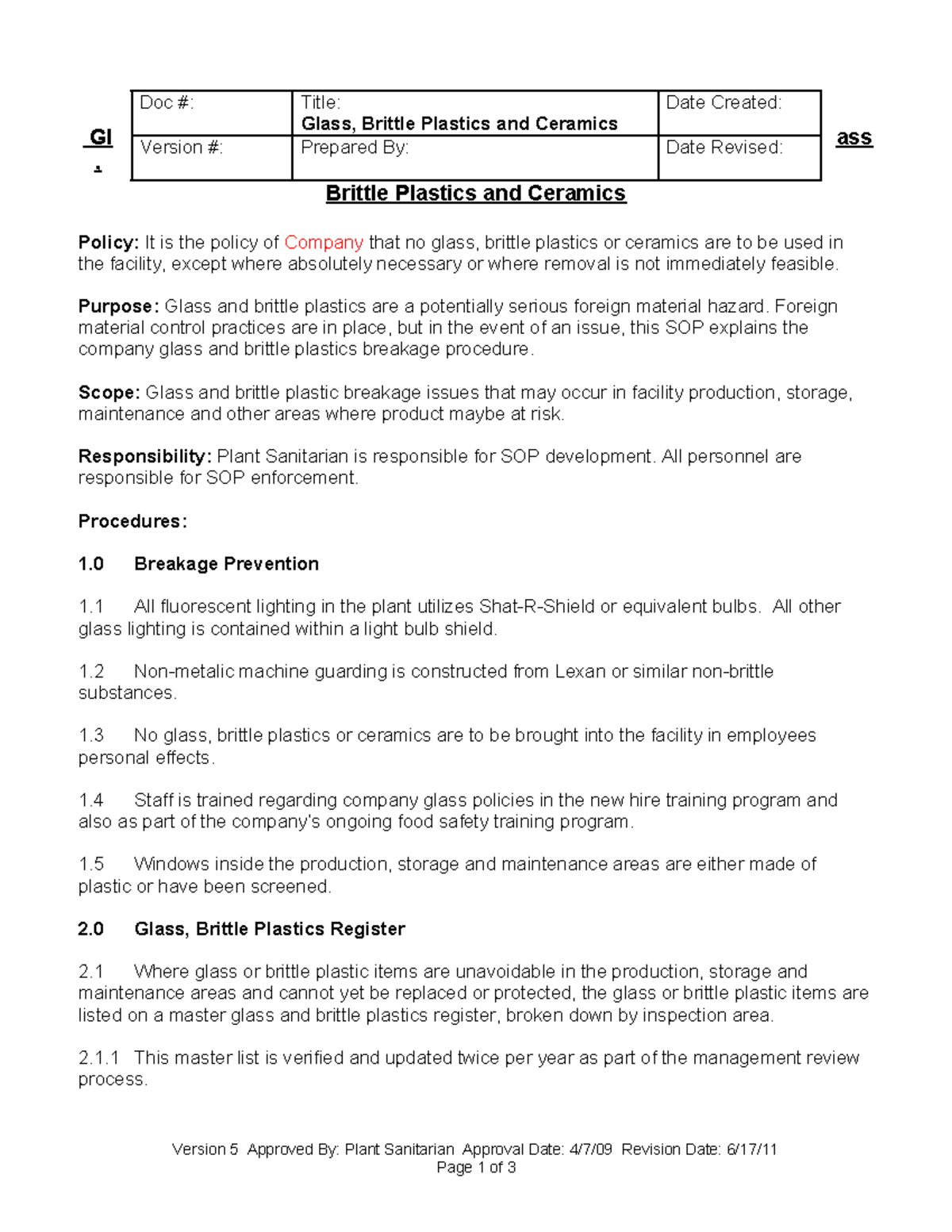 Glass and Brittle Plastics SOP: Breakage Procedures and Policies - Studocu