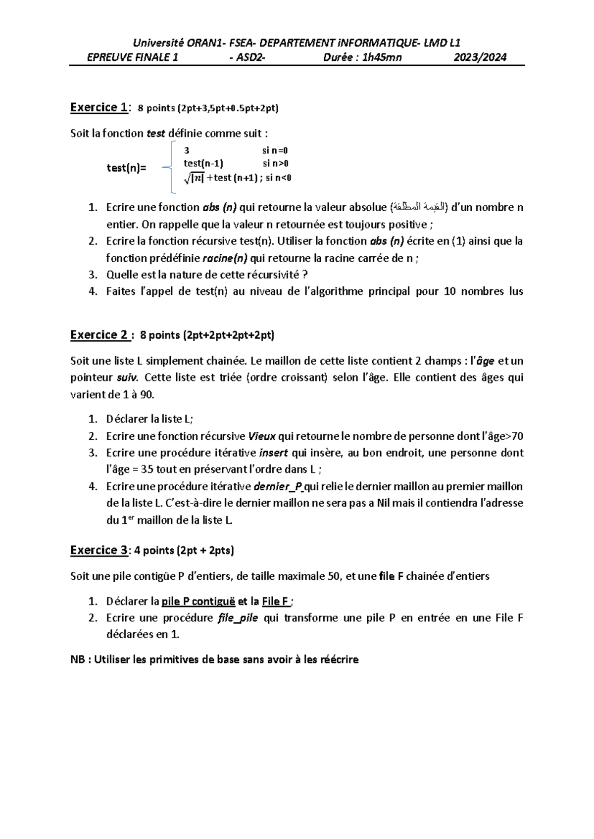 Examen Final ASD2 - Épreuve 1, Durée: 1h45mn, 2023 - Studocu
