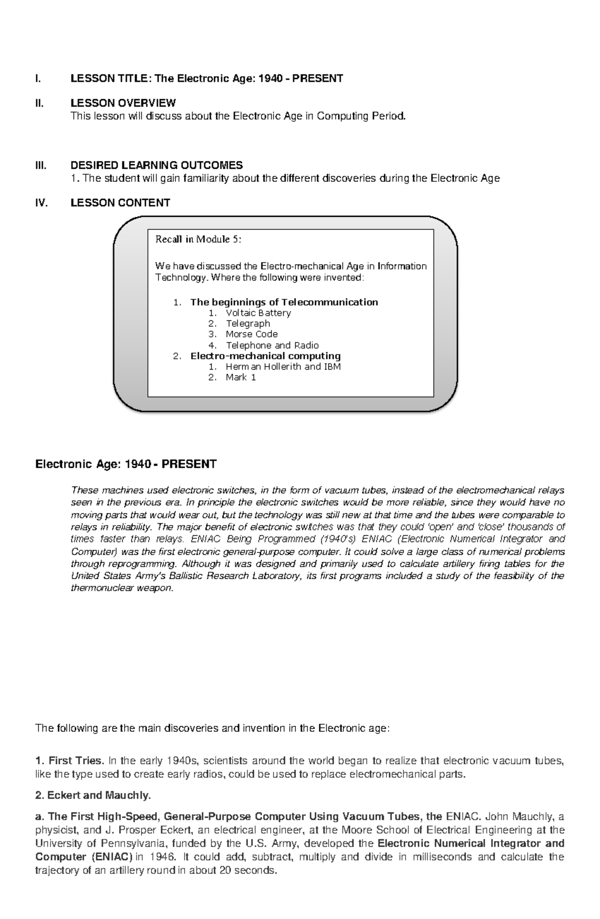 Lesson Overview: The Electronic Age (1940 - Present) - Studocu