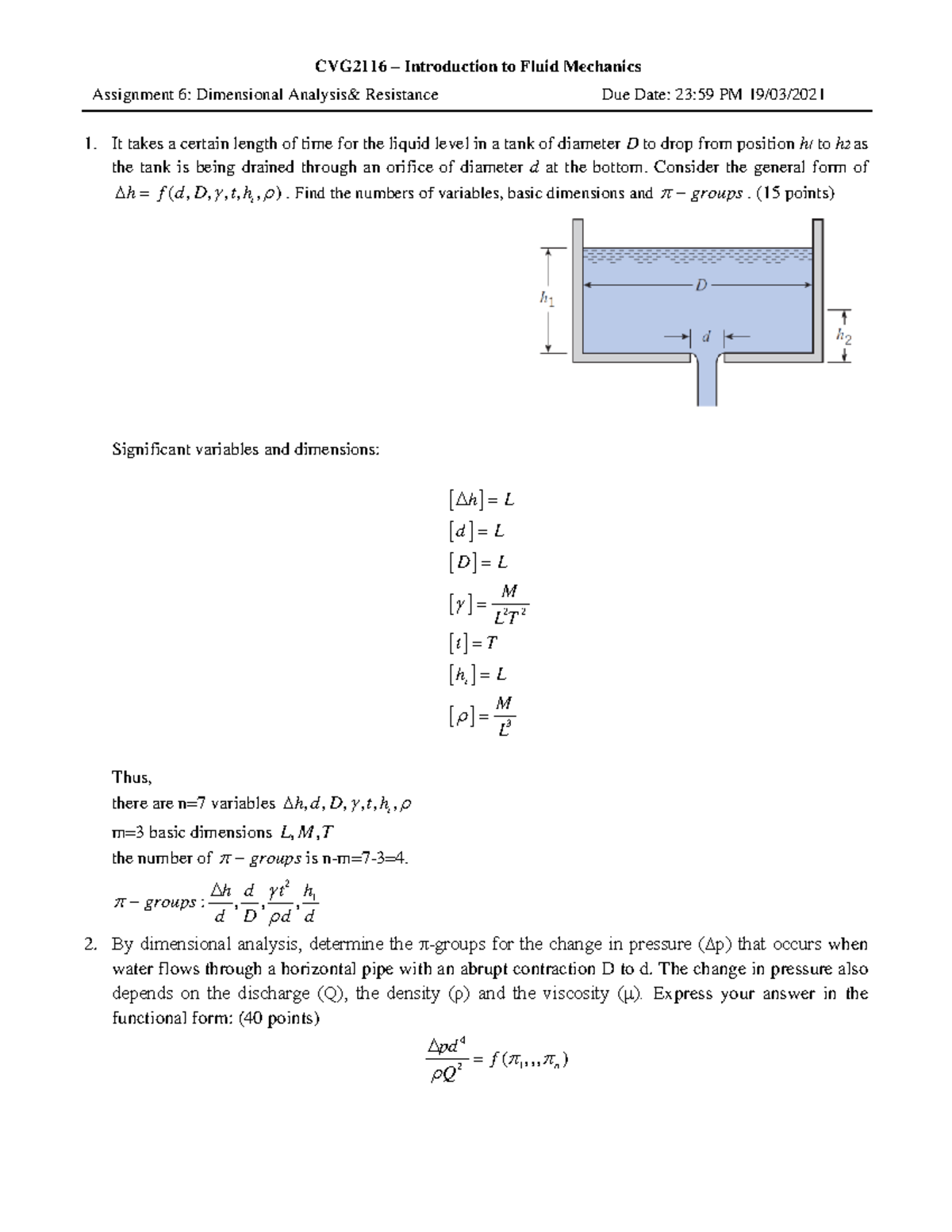 CVG2116 - W2021 Fluid Mechanics Assignment 6: Dimensional Resistance ...