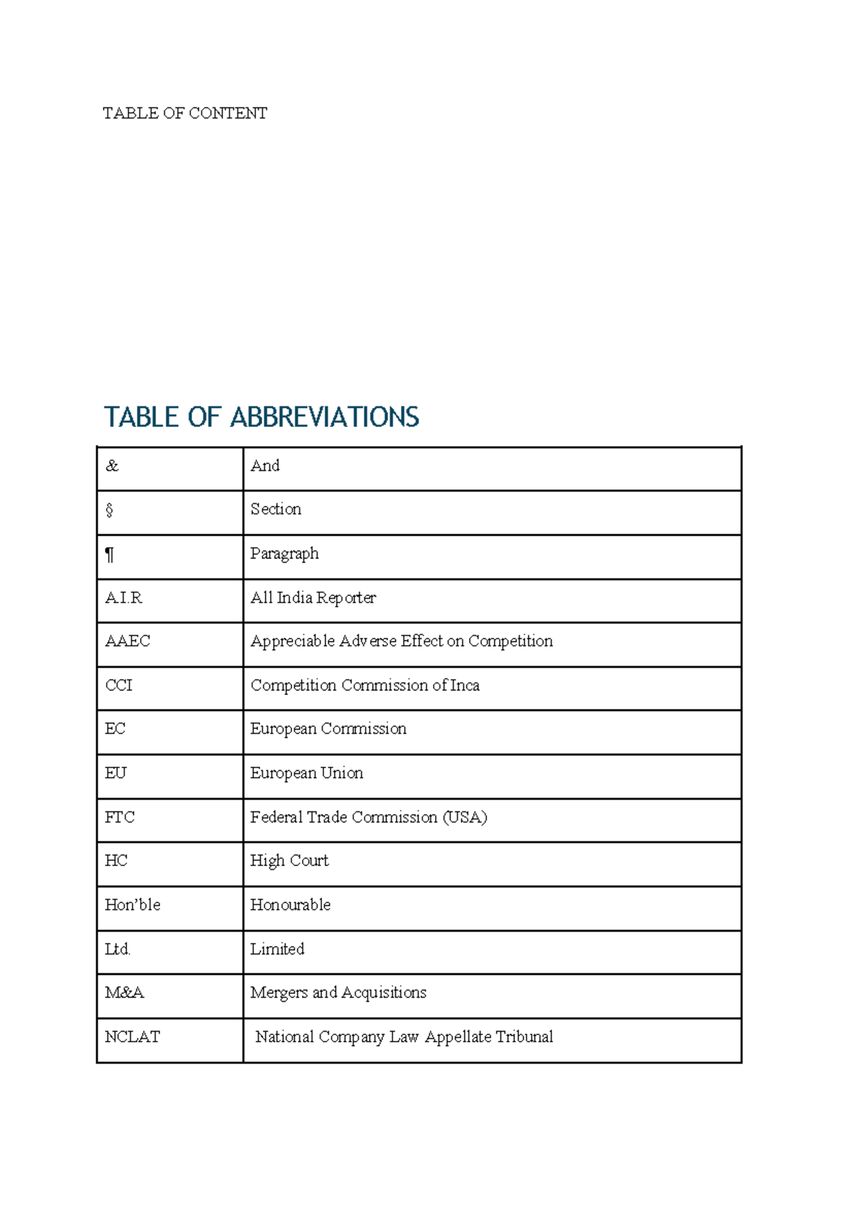 Table OF Content - Moot Problem - TABLE OF CONTENT TABLE OF ...