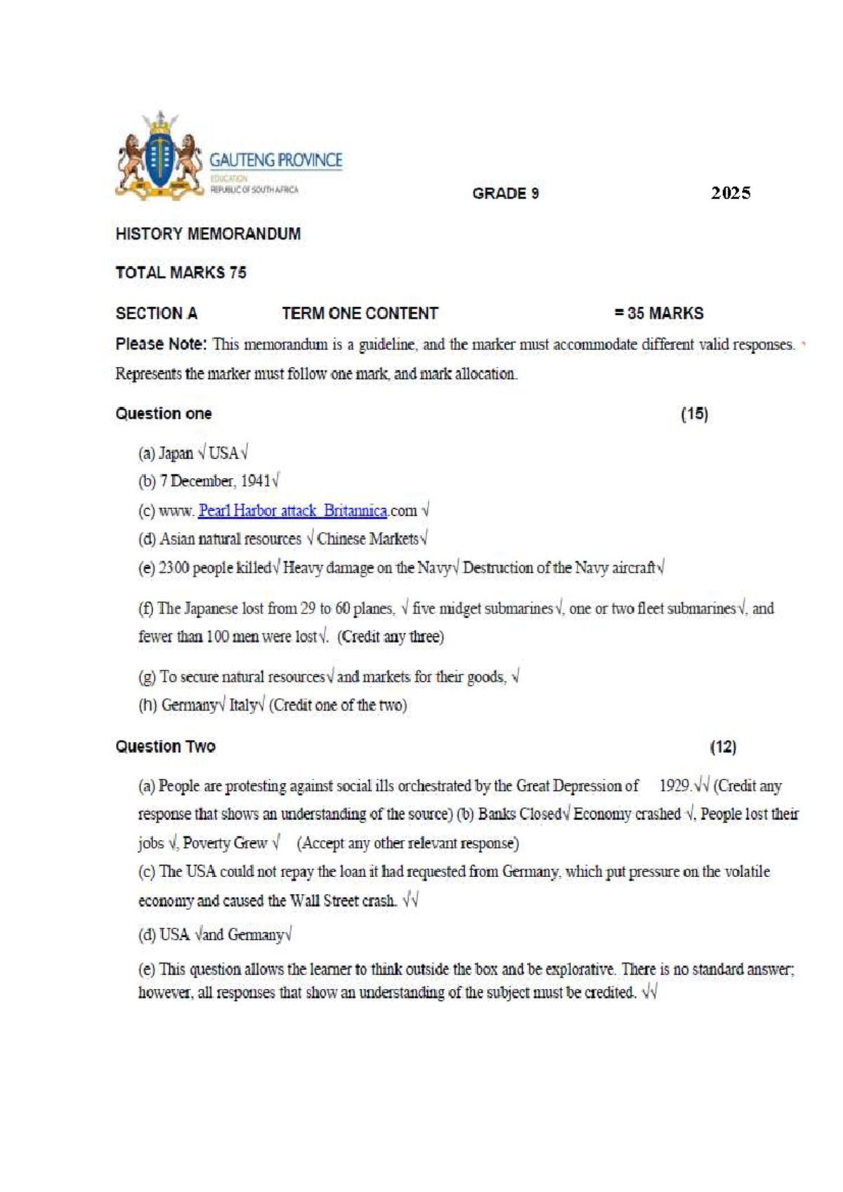 2025 Grade 9 History Term 2 Memo - Gauteng Province (Total Marks: 75 ...