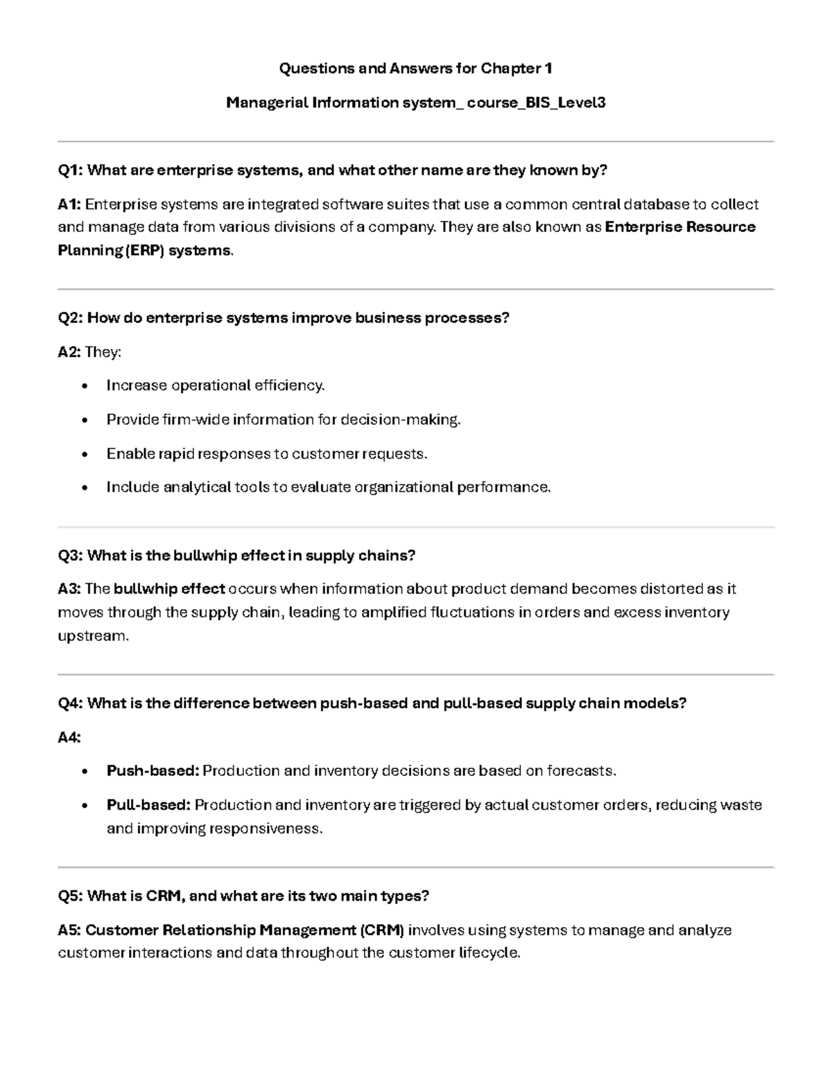 Questions and Answers for Chapter 1: Managerial Information Systems ...