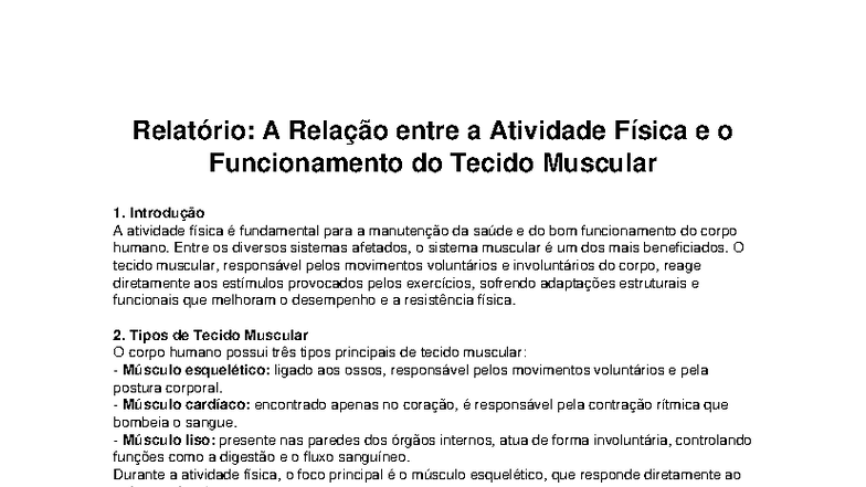 Relatório: Atividade Física e Funcionamento do Tecido Muscular - Studocu