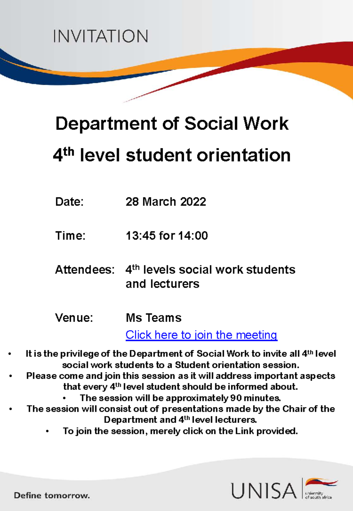 SWK 4th Level Student Orientation Invitation - March 28, 2022 - Studocu