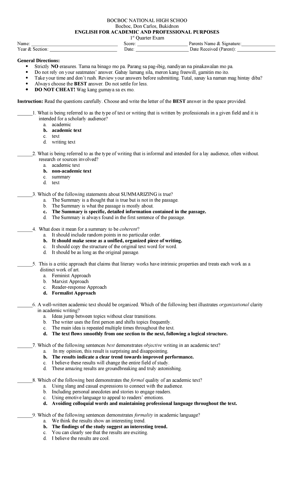 EAPP ENGLISH FOR ACADEMIC AND PROFESSIONAL PURPOSES 1st QTR EXAM - Studocu