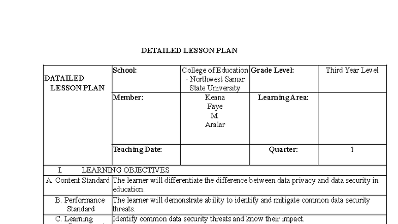 DLP: Data Security & Privacy in Education - Lesson Plan by Aralar - Studocu