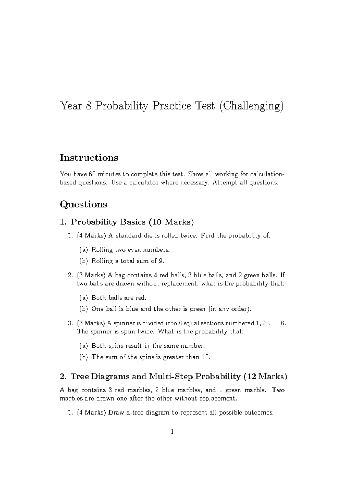 Exam 5 - Year 8 Probability Practice Test (Challenging) - Studocu