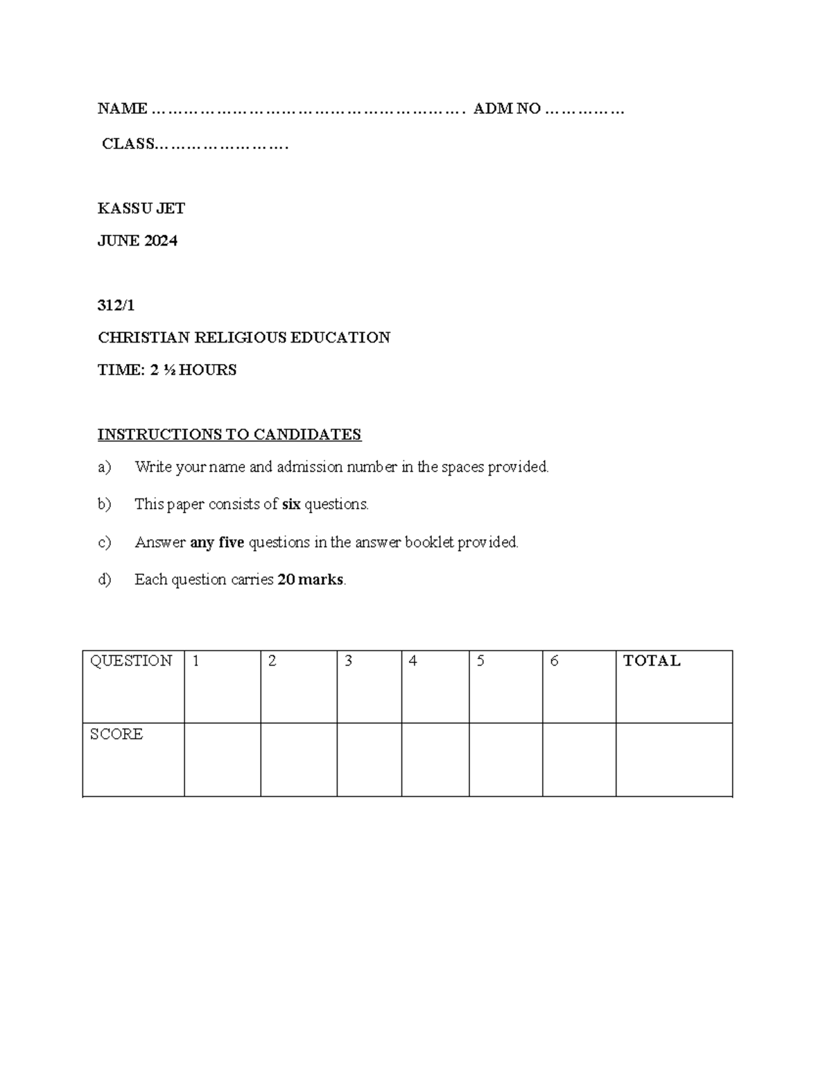 KASSU JET Christian Religious Education Final Exam June 2024 - Studocu