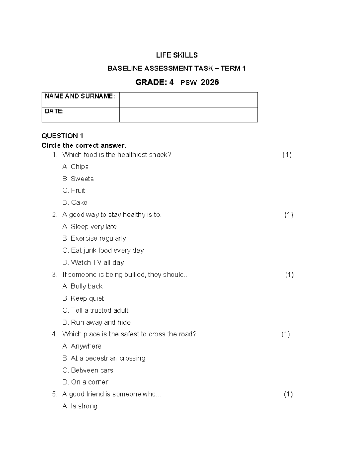 Grade 4 Life Skills Baseline Assessment Task T1 2026 - Studocu