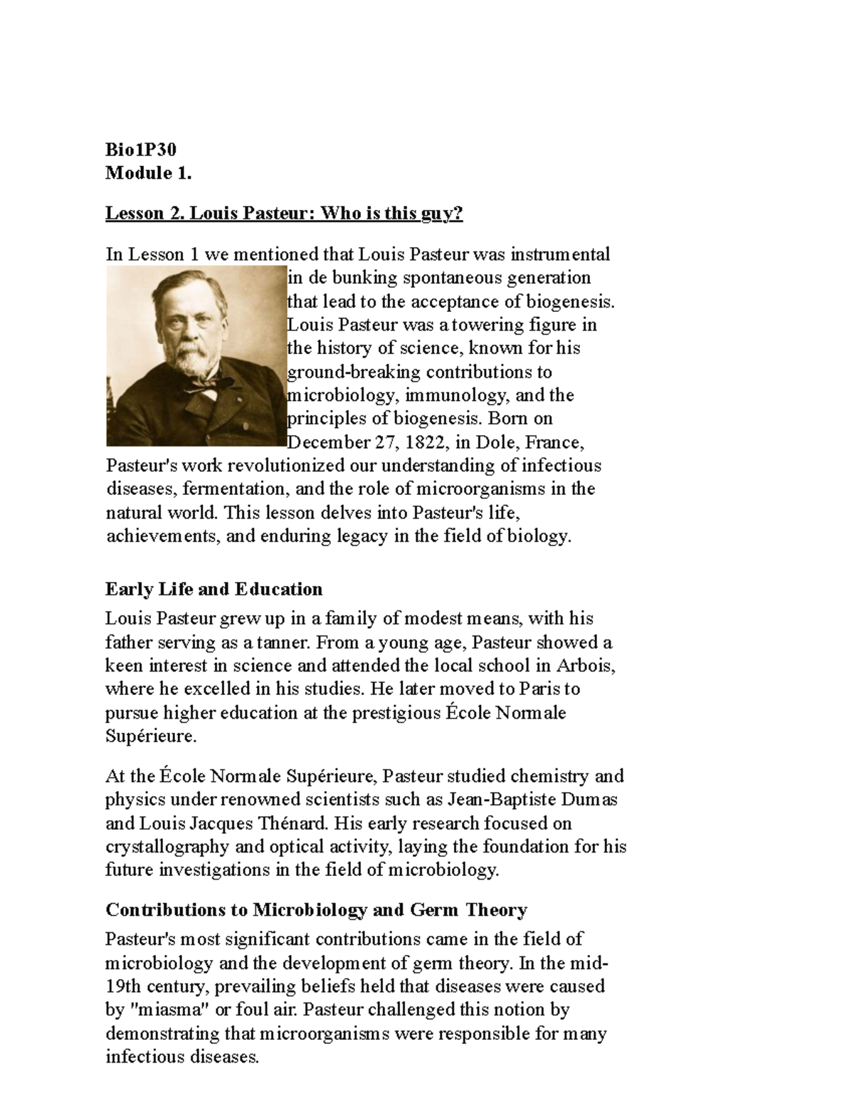Bio1P30 Module 1: Lesson 2 - Louis Pasteur's Scientific Legacy - Studocu