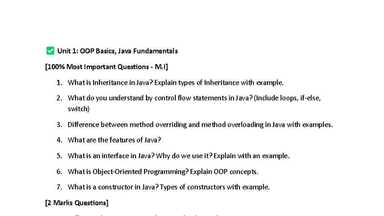 Java Most Important Questions for AKTU: OOP, Multithreading, and More - Studocu