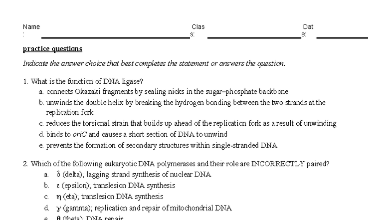 Practice Questions for Biology 101: DNA & Translation Concepts - Studocu