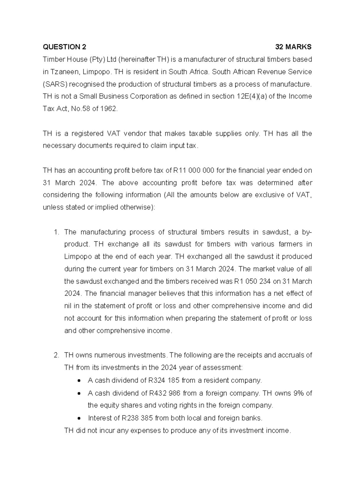 Income Tax Calculation for Timber House (Pty) Ltd - Y2 Integrative ...
