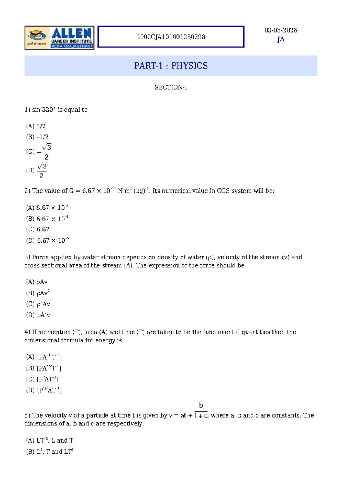 1902CJA101001250298: Physics & Chemistry Solutions and Answer Keys ...