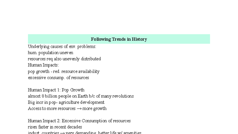 ENV SCI Notes: Trends in History & Human Impact on Environment - Studocu