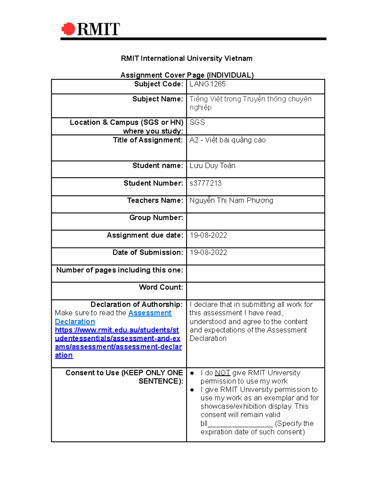 LANG1265 BKT2 LUU DUY TOAN S3777213 - RMIT International University ...