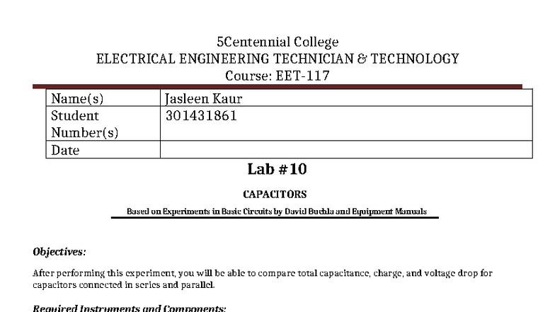 EET-117 Lab 10: Capacitors in Series and Parallel Experiments - Studocu