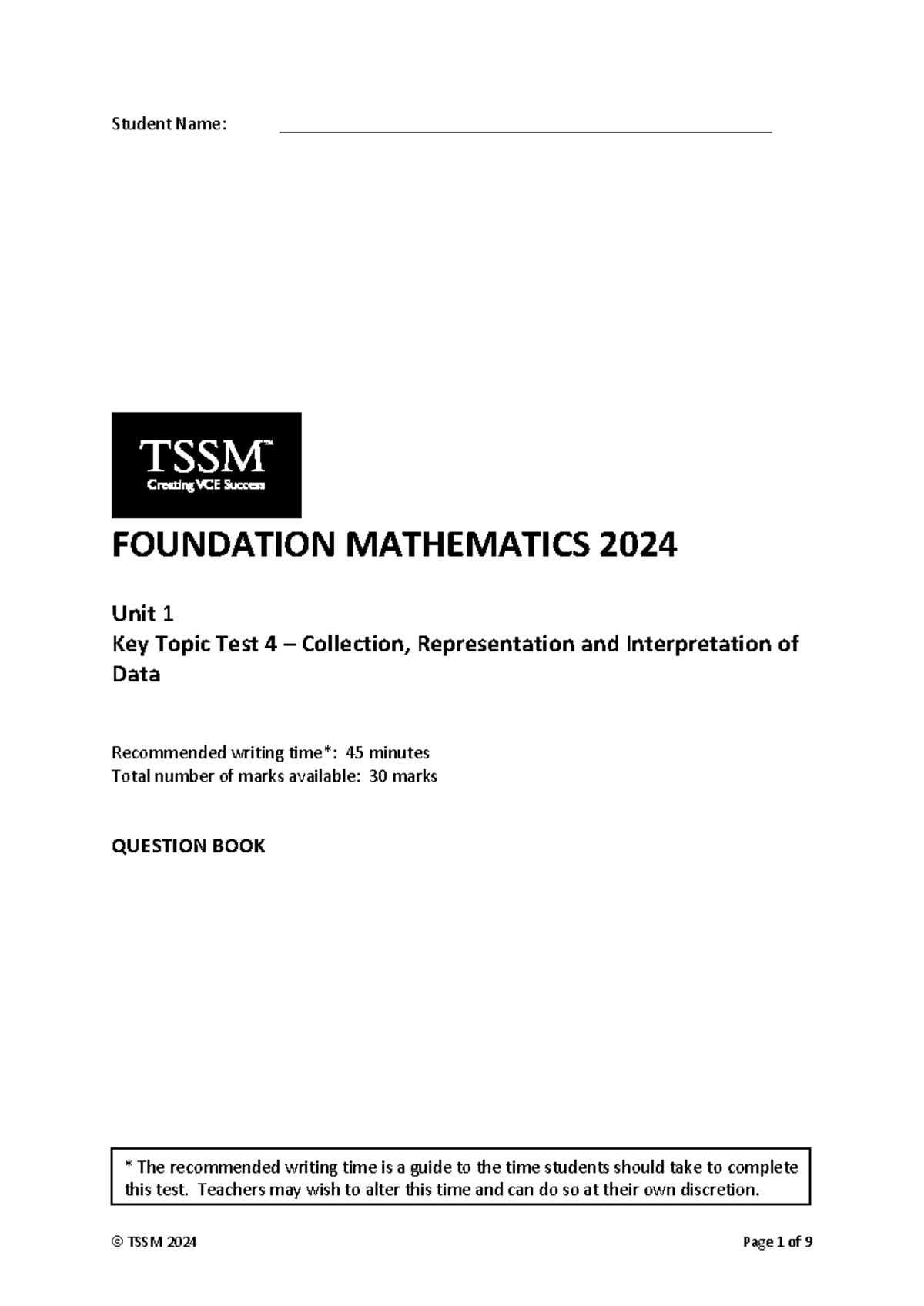 Foundation Mathematics 2024 Unit 1 Key Topic Test 4: Data ...