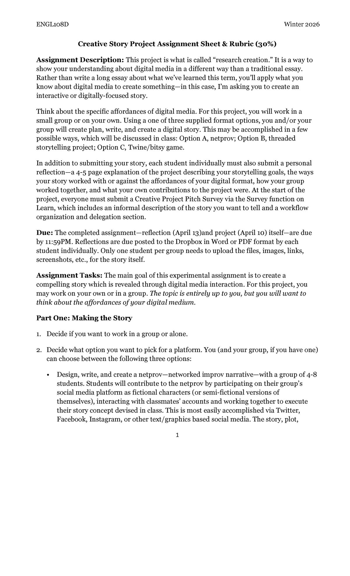 Winter 2026 ENGL108D Creative Story Project Assignment Rubric - Studocu