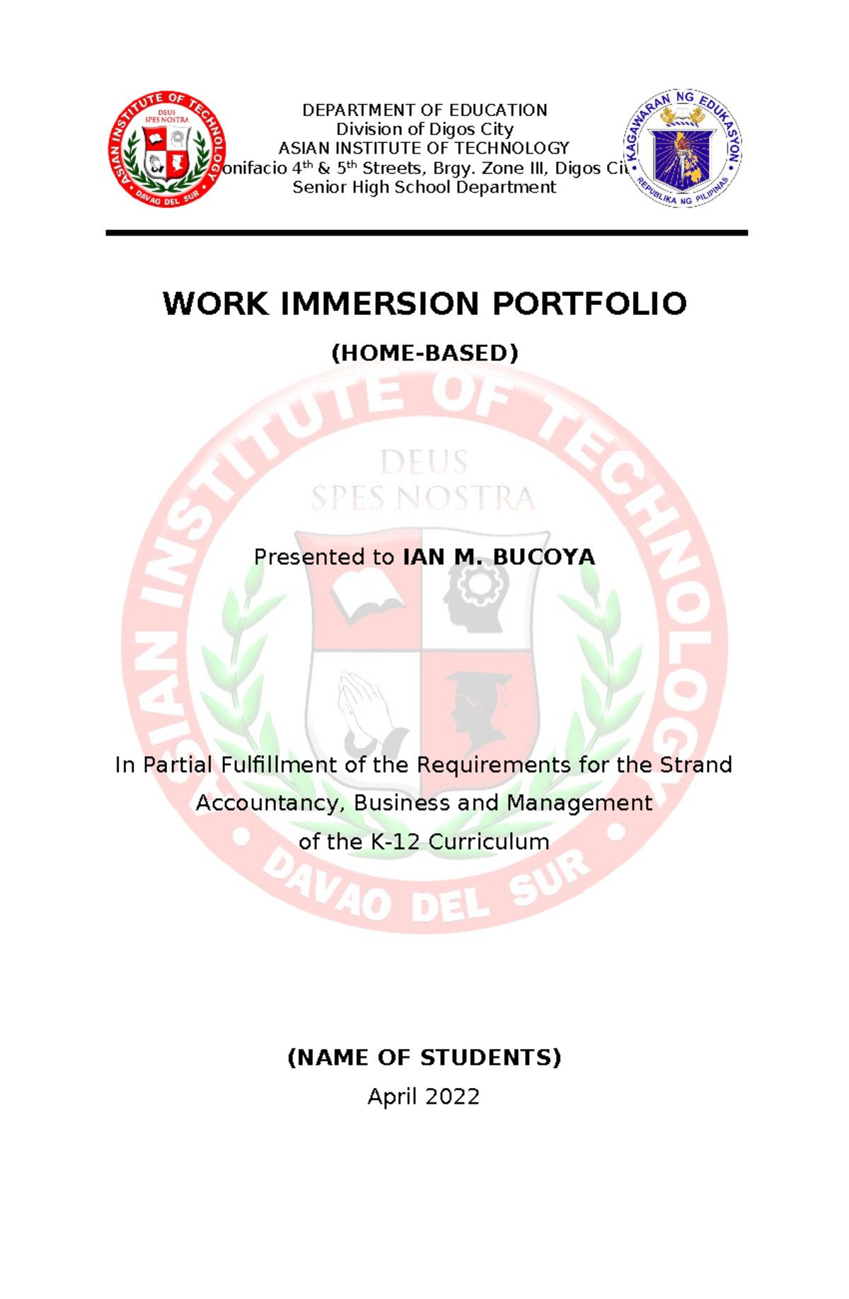 ABM K-12 Work Immersion Portfolio: Student Business Experiences - Studocu