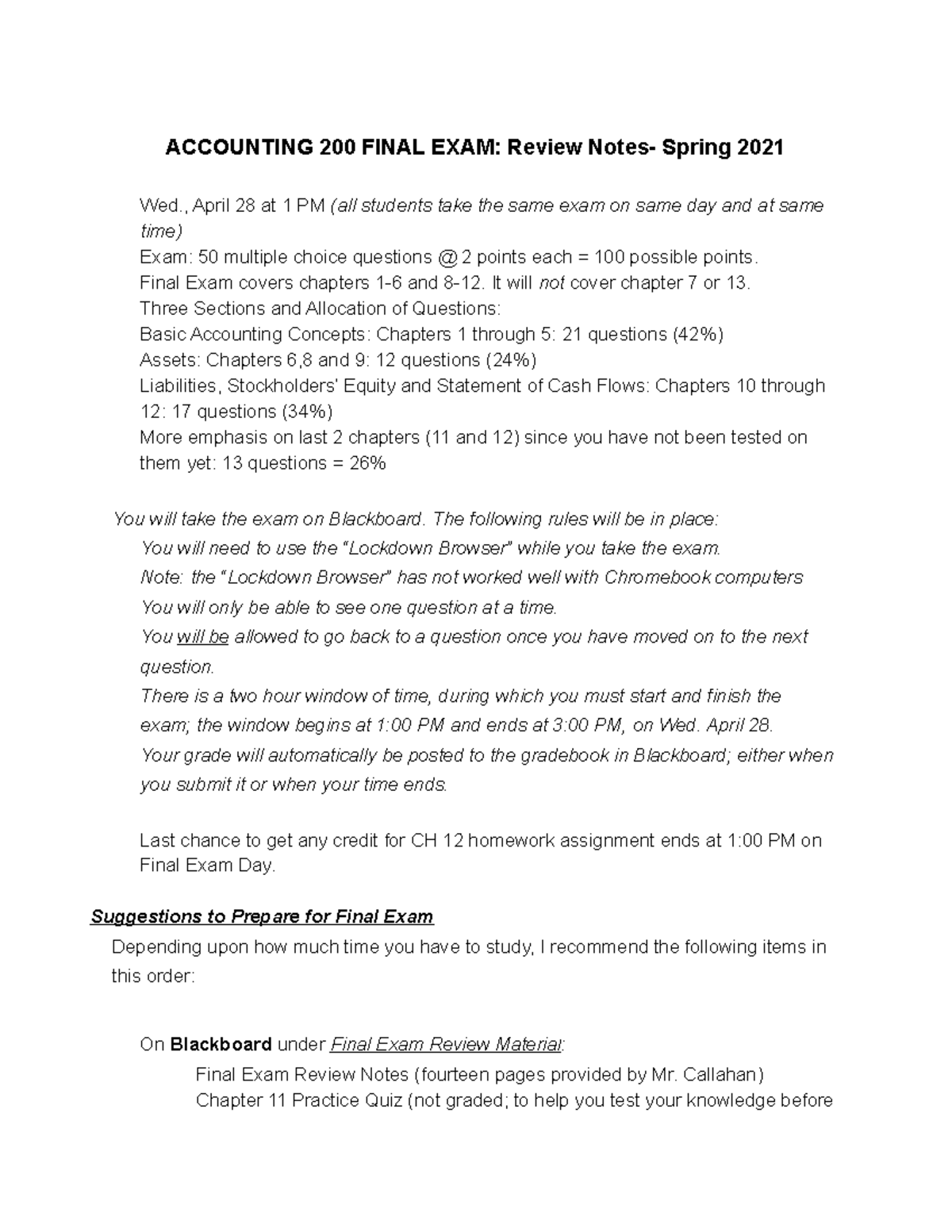 acct notes for class - ACCOUNTING 200 FINAL EXAM: Review Notes- Spring ...