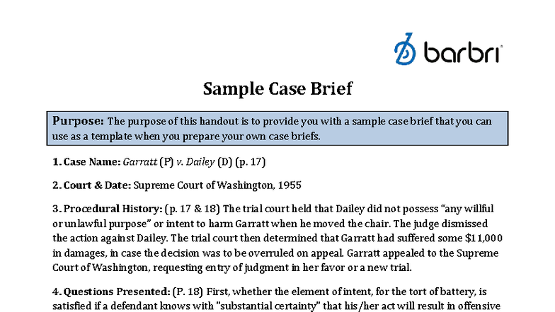 Case Brief: Garratt v. Dailey (Supreme Court, 1955) Template - Studocu