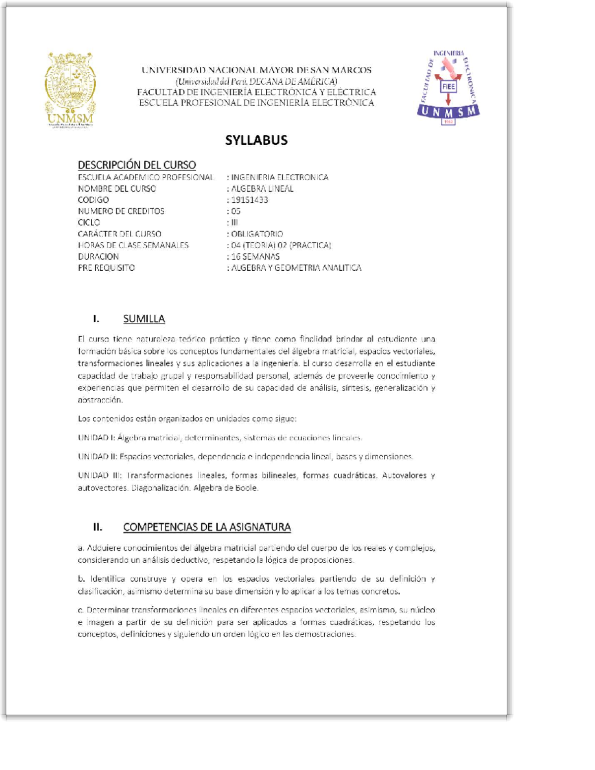 Syllabus de Álgebra Lineal 191S1433 - FIEE UNMSM - Studocu