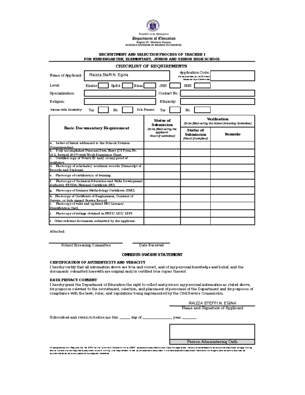Teacher I Checklist of Requirements - Kinder SpEd Elem JHS SHS Yes No ...