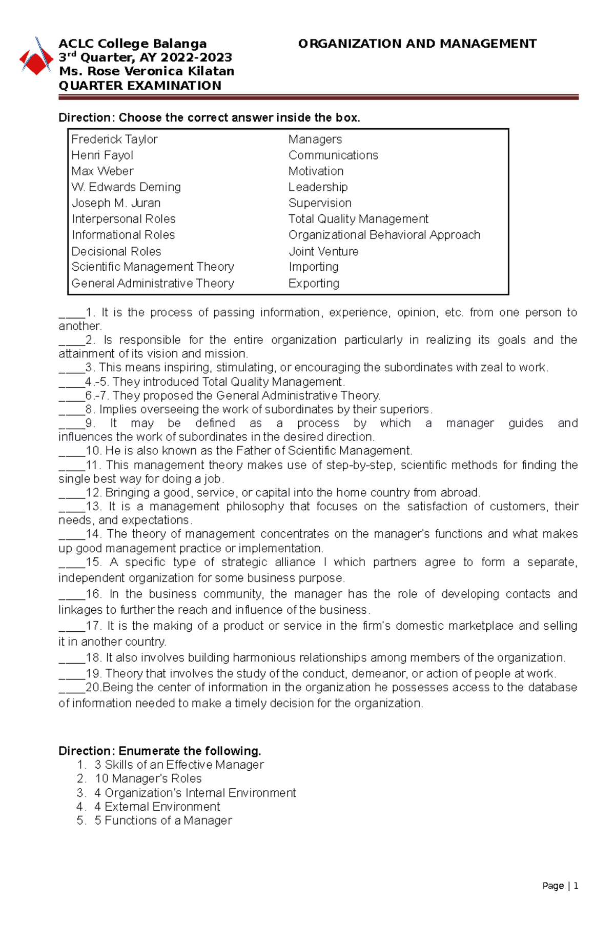 Organization and Management - 2nd Quarter Examination - ACLC College ...